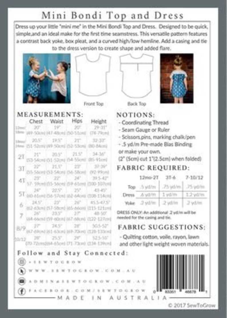 Mini Bondi Top & Dress Pattern for Girls, Sew to Grow SWTG18 - Etsy