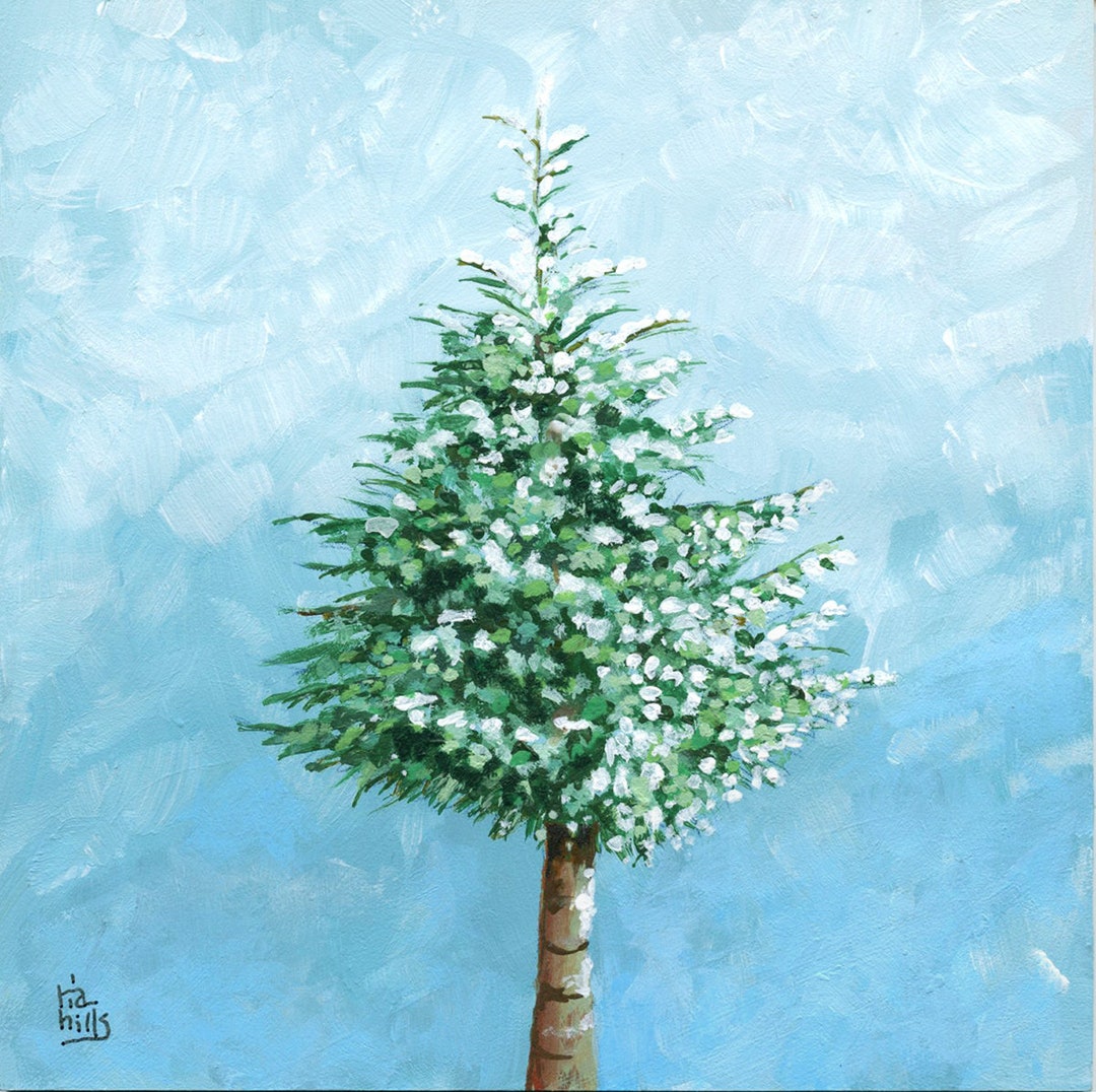 Snowy Evergreen Christmas Tree Painting, Holiday Art - Etsy