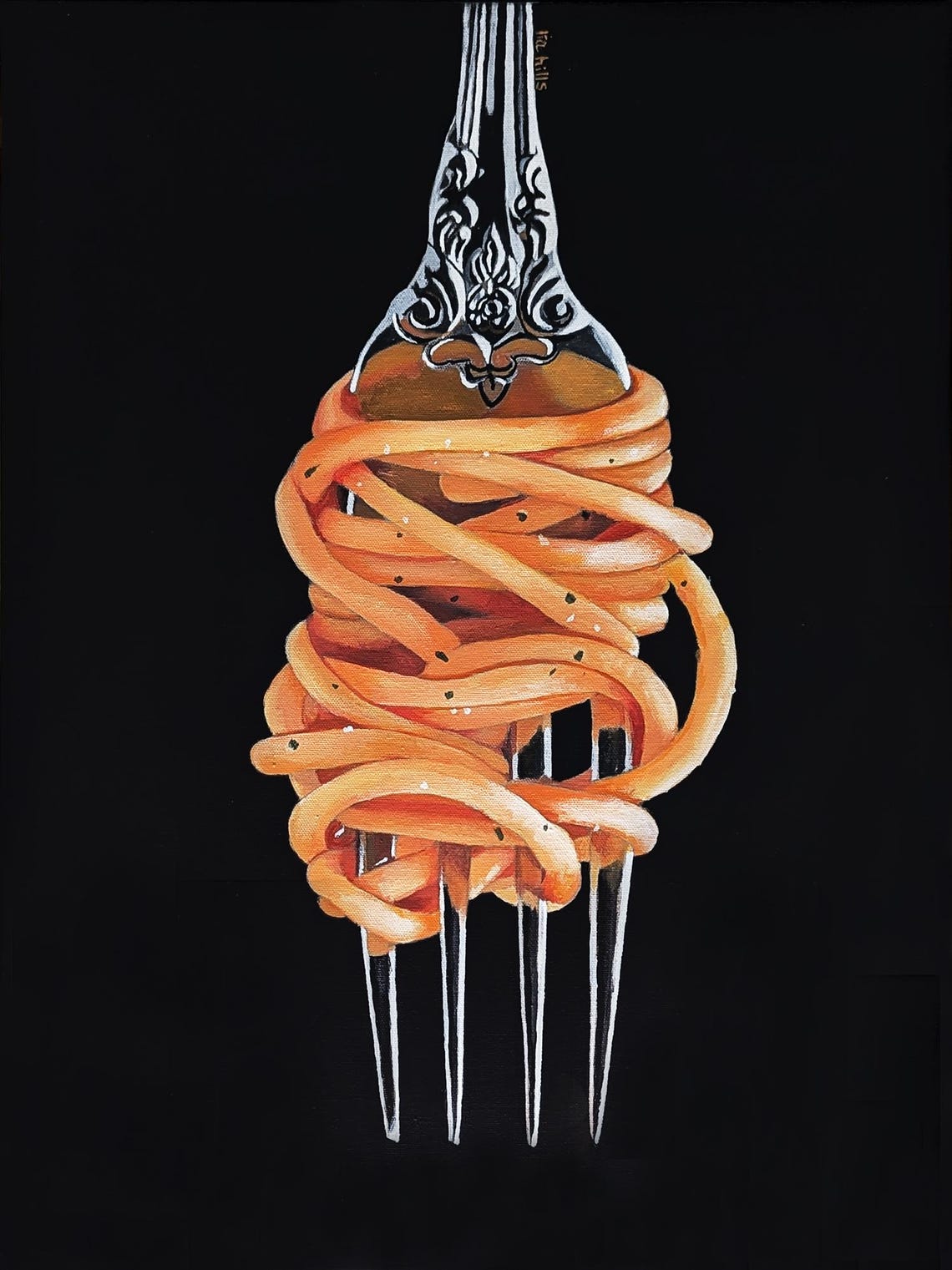 Spaghetti on a Fork Painting, Silver Fork, Realism - Etsy