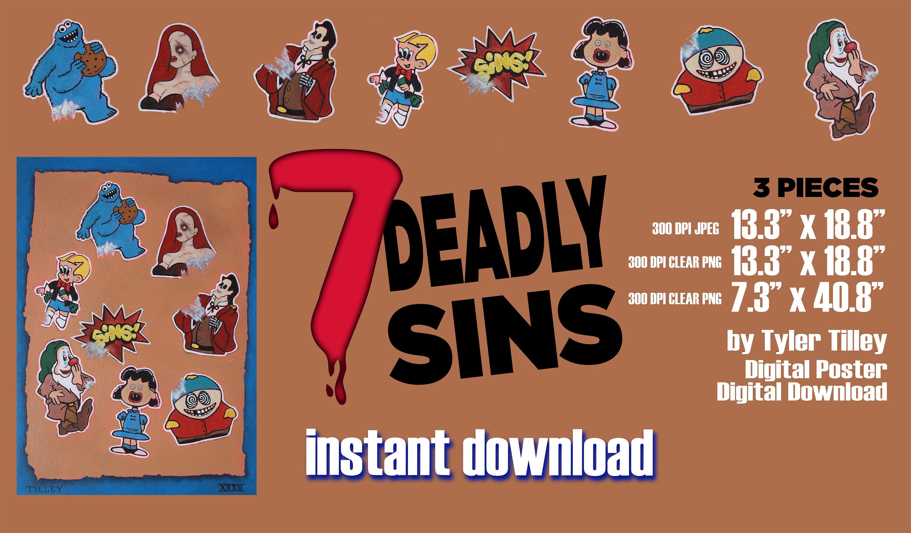 7 Deadly Sins Instant Digital Download 3 Piece Set Evil Cartoons ...