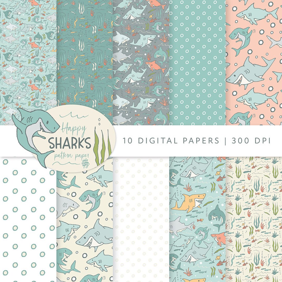 Cute Shark Printable Papers, Boys Birthday, Digital Download Paper in ...