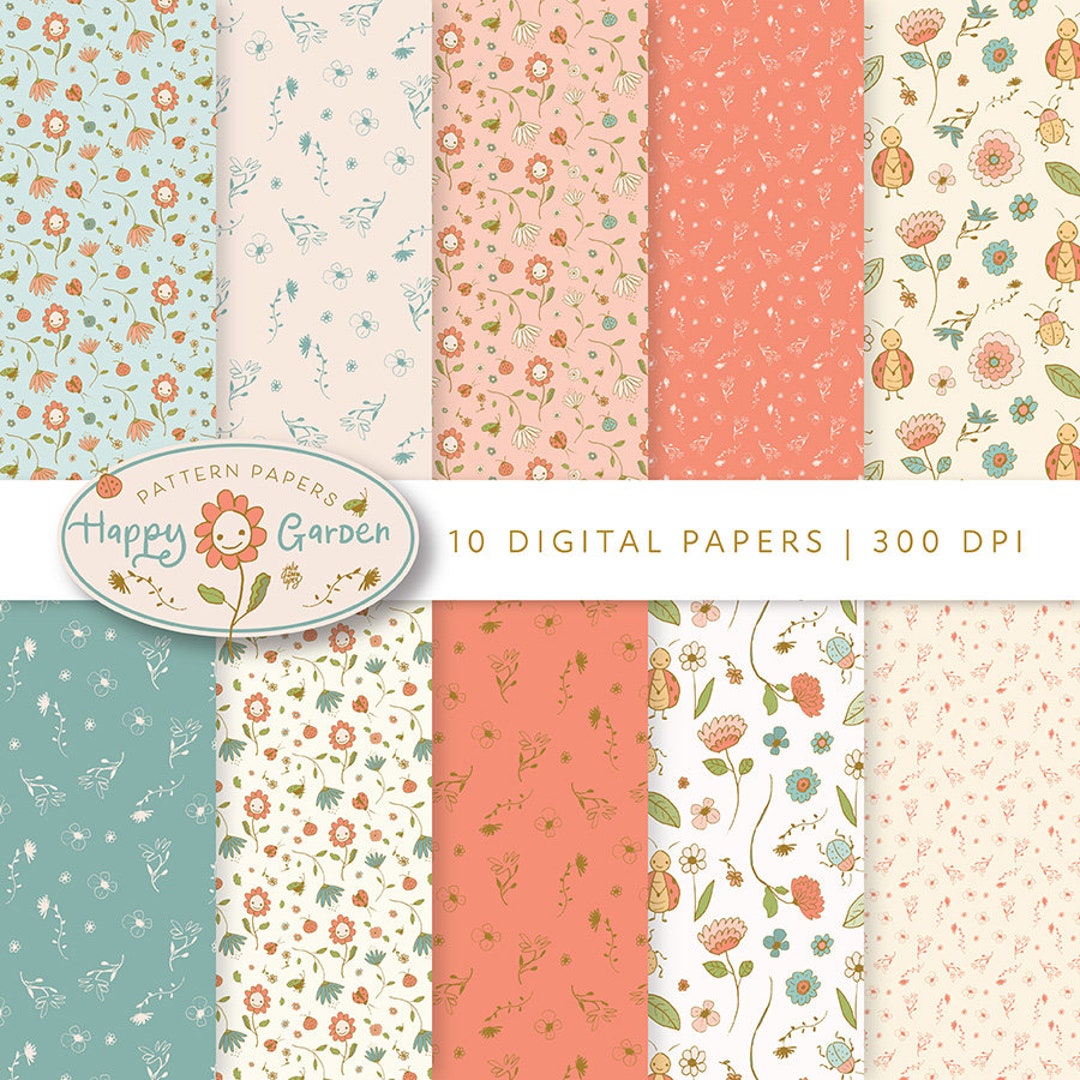 Happy Garden Digital Paper Pack, Floral Ladybug Scrapbook (digital ...