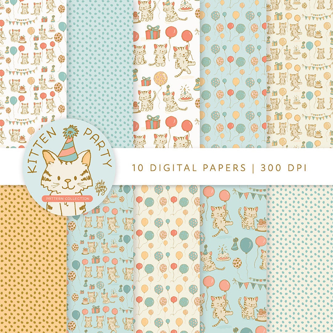 Kitten Birthday Party Digital Paper Pack, Scrapbook Backgrounds (12x12 ...