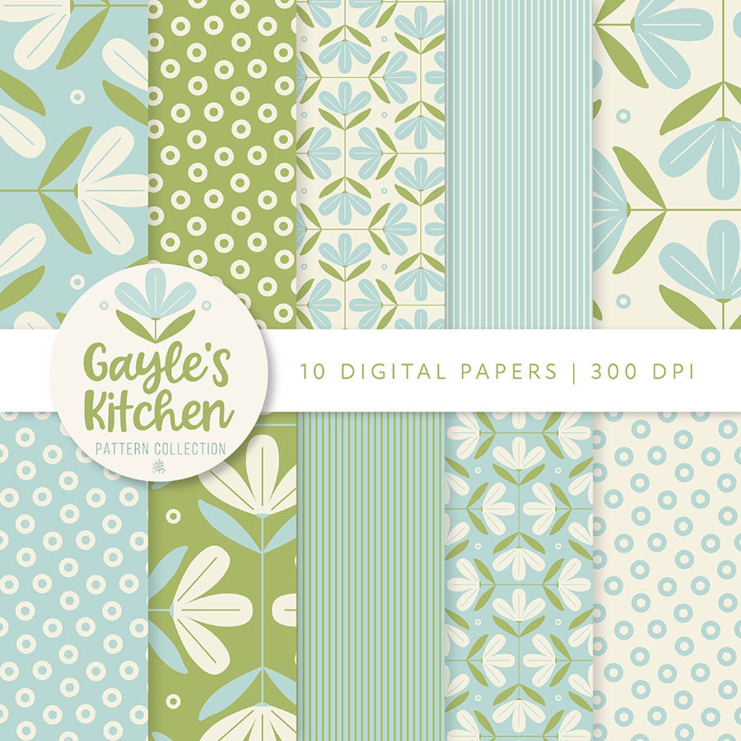 Retro Floral Digital Paper: 1970s Green & Blue Patterns (digital ...