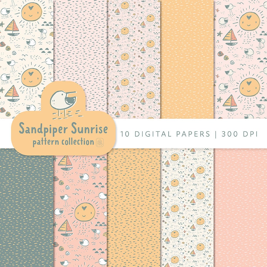 Sandpiper Sunrise Digital Paper Set: Hand-drawn Birds, Beach (digital ...