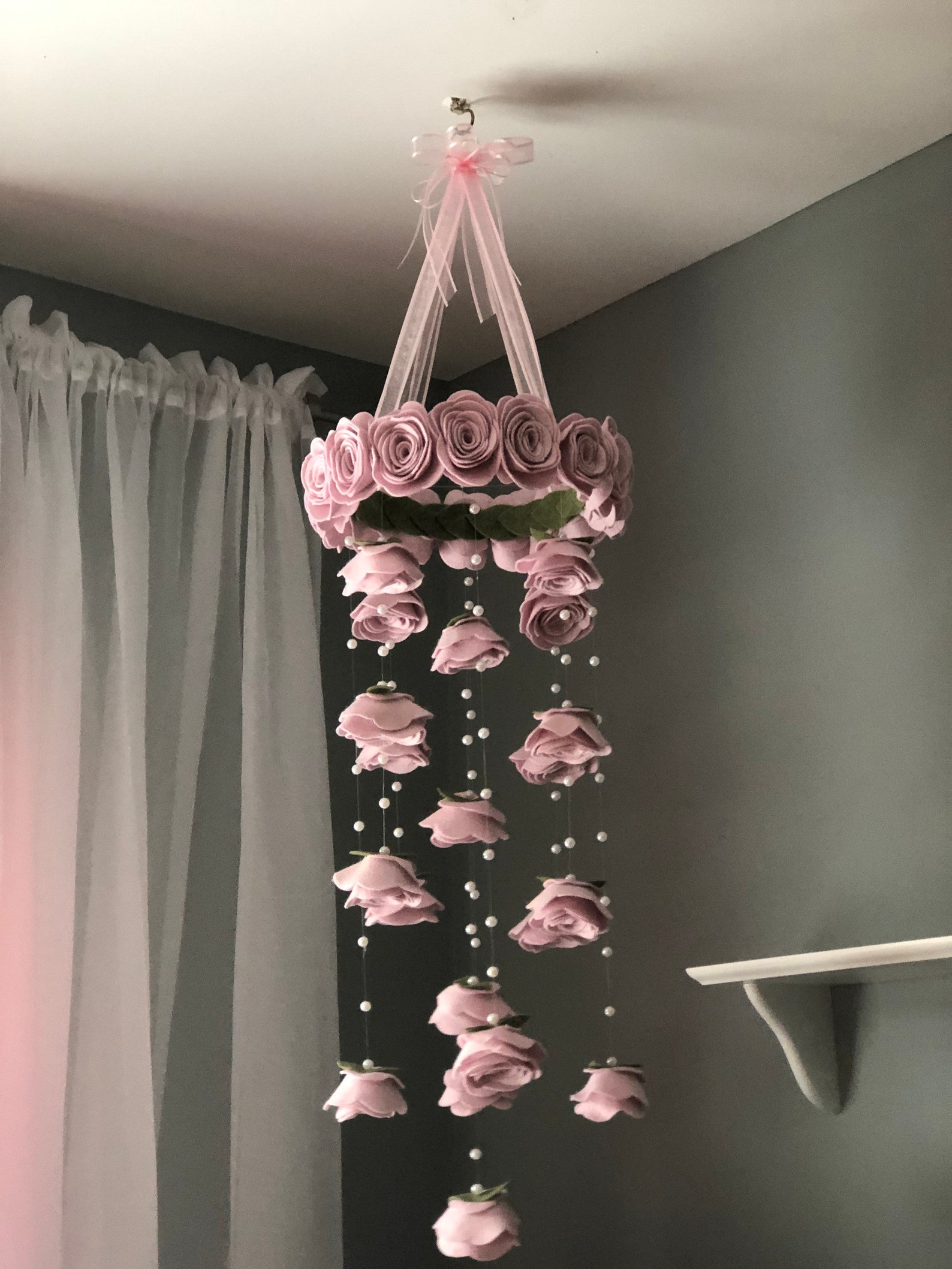 Felt Rose Baby Mobile | Frost Pink Nursery Decor With Pearls - Etsy