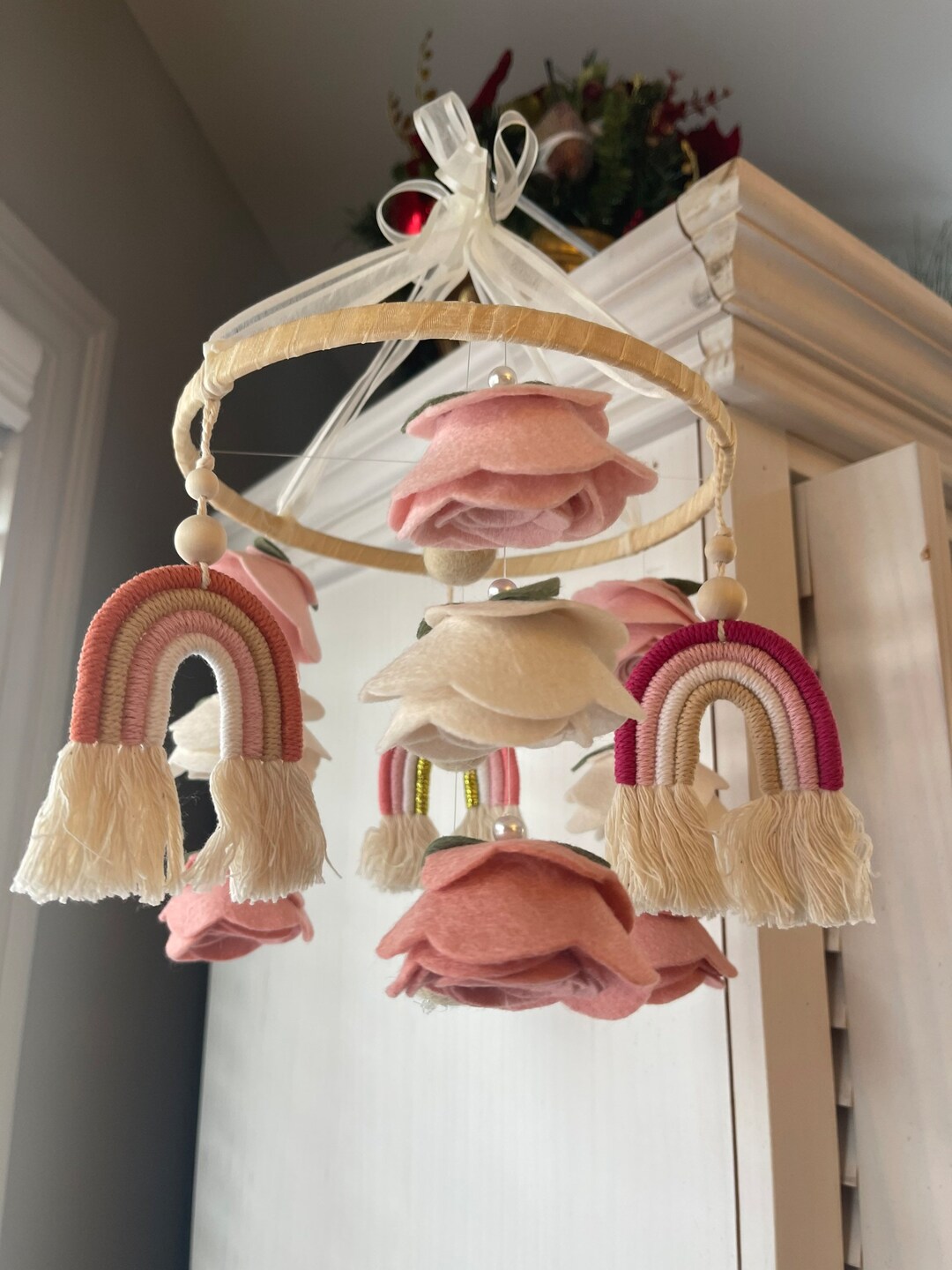 Rainbow Macrame Floral Felt Mobile Roses and Pearls Baby Girl Nursery ...