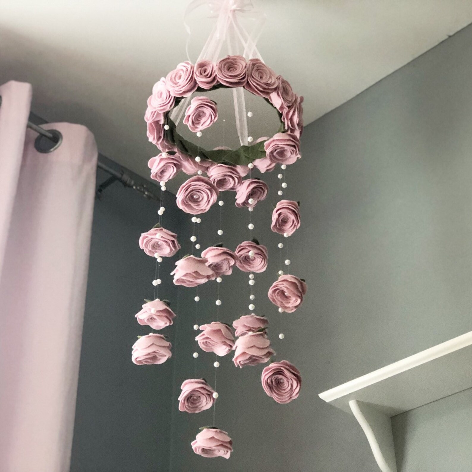Felt Rose Baby Mobile | Frost Pink Nursery Decor With Pearls - Etsy