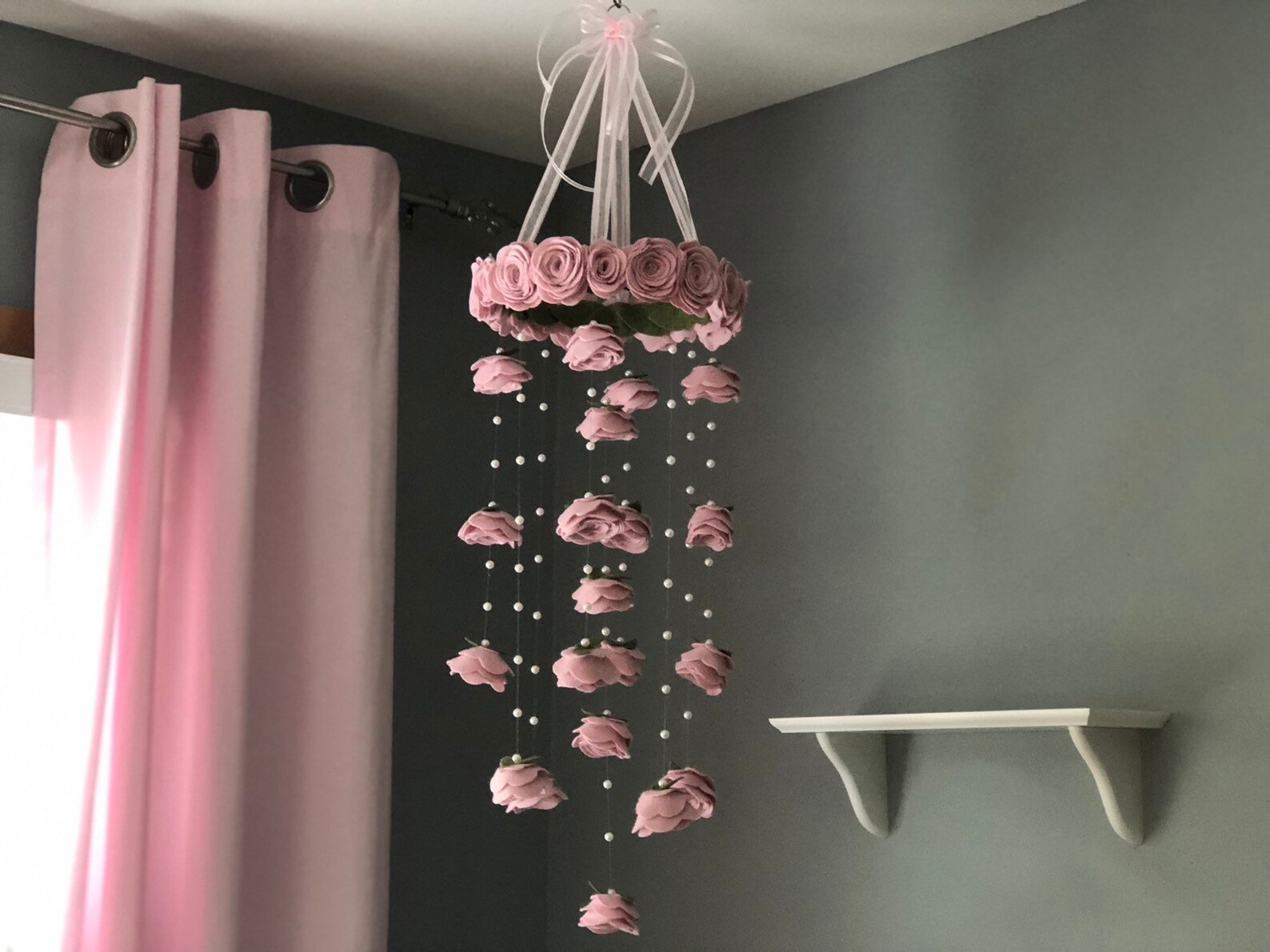 Felt Rose Baby Mobile | Frost Pink Nursery Decor With Pearls - Etsy