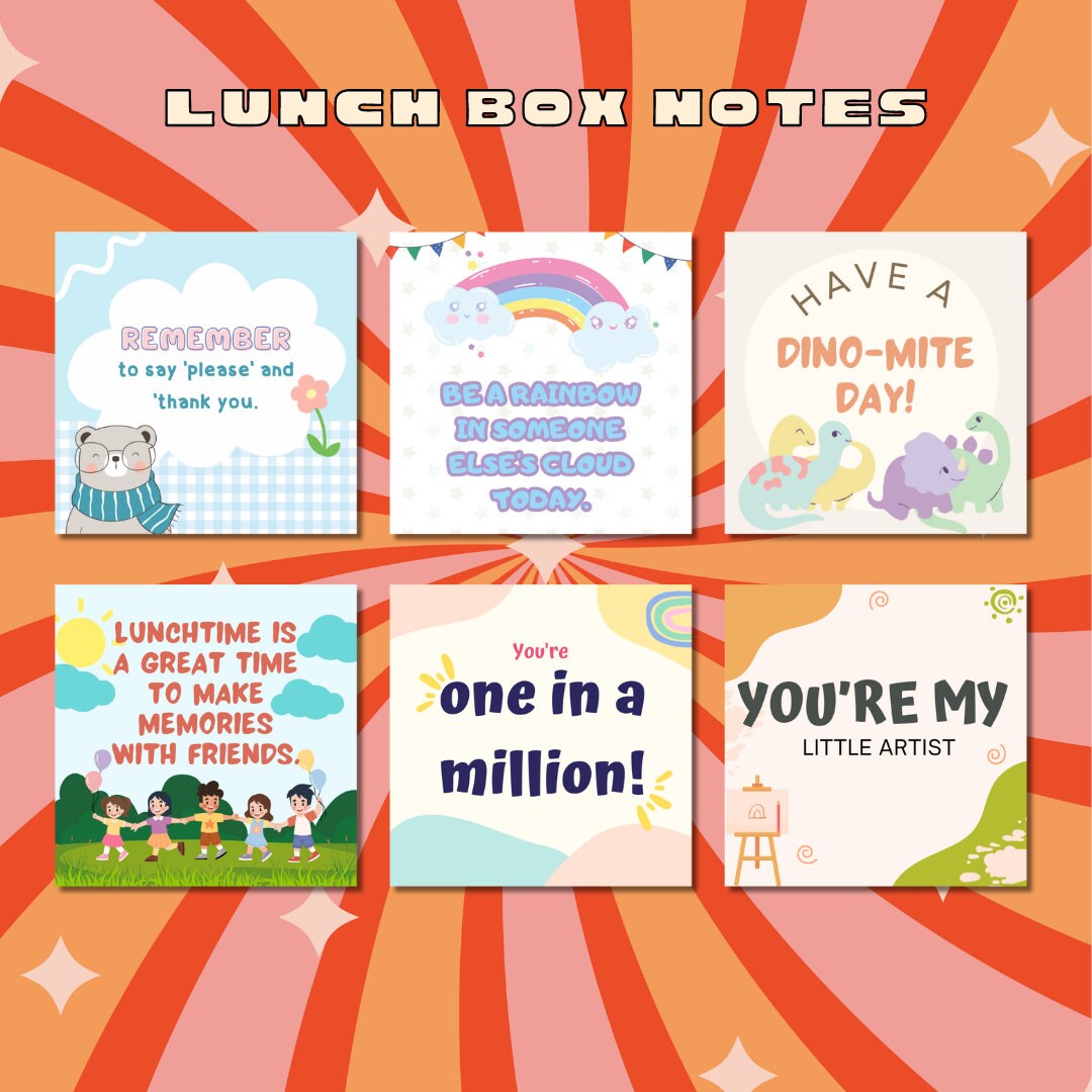 20 Kids Lunch Notes Digital Download Printable 3x3 Cute and Colorful ...
