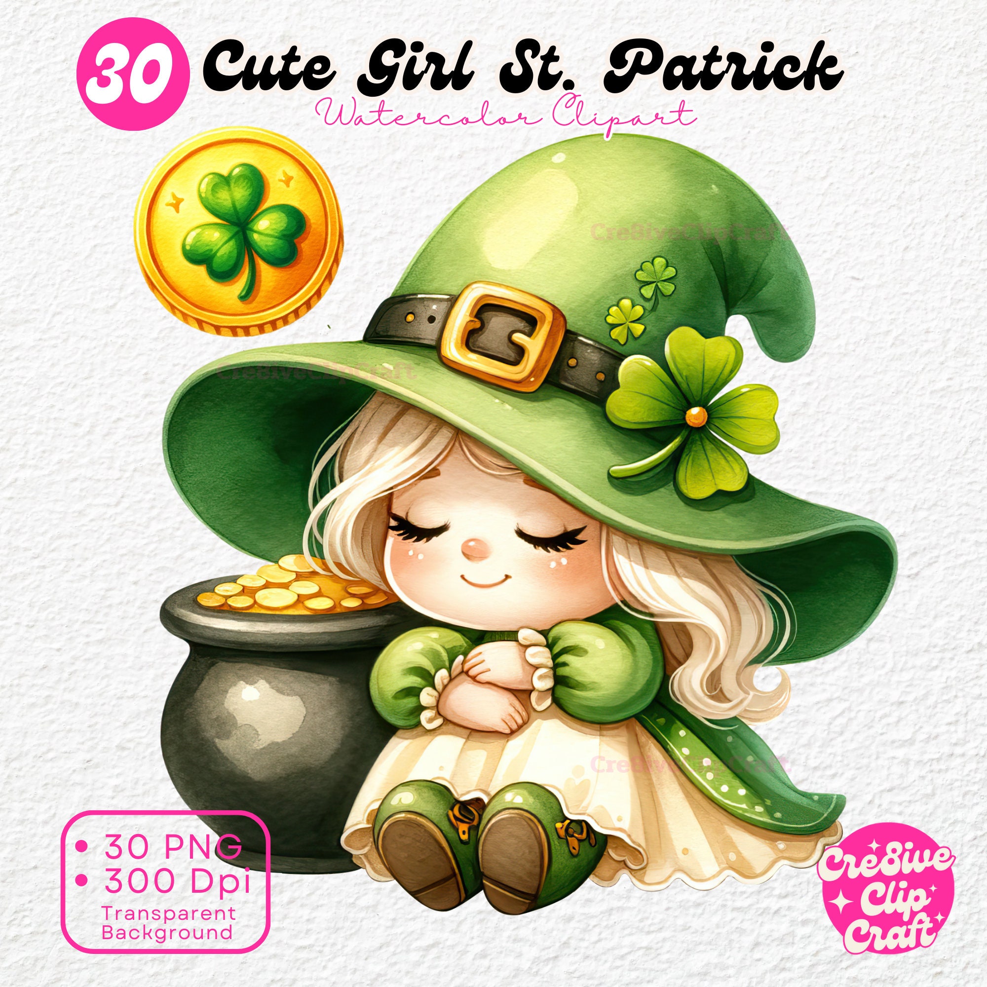 Watercolor St Patrick's Day Clipart, Lucky Girl, Cute Shamrock ...