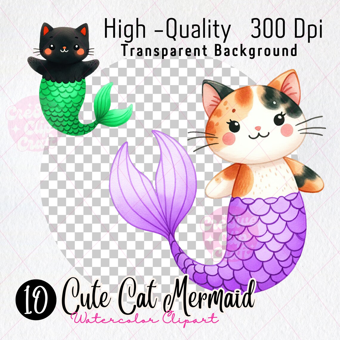 Cute Cat Mermaid Watercolor Clipart, Meowmaid Clipart, Mermaid Kitty ...