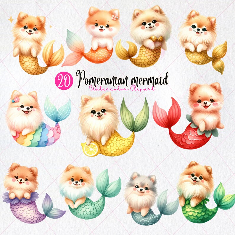 Pomeranian, Dog Mermaid Watercolor Clipart, Puppy Mermaid Clipart ...
