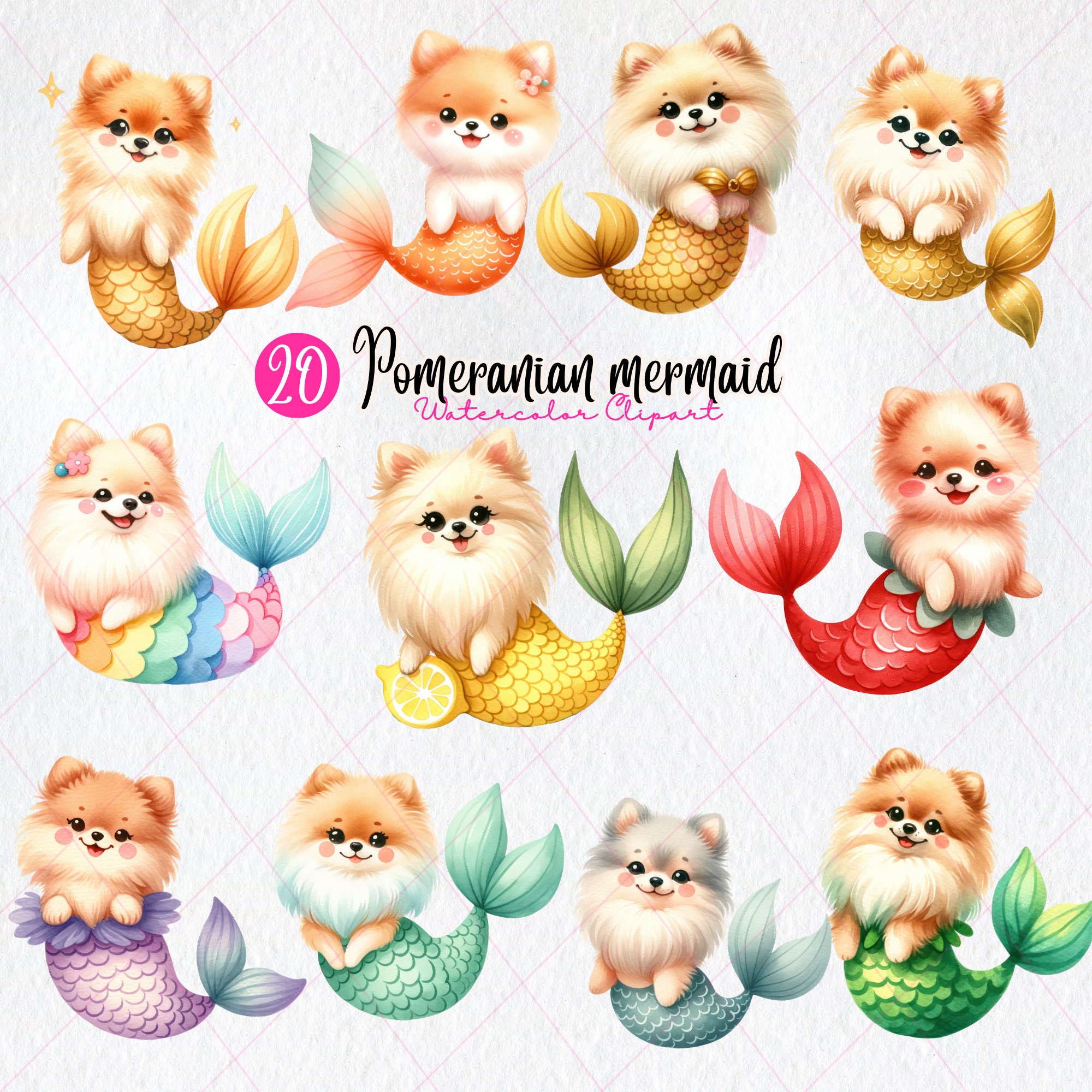 Pomeranian, Dog Mermaid Watercolor Clipart, Puppy Mermaid Clipart ...