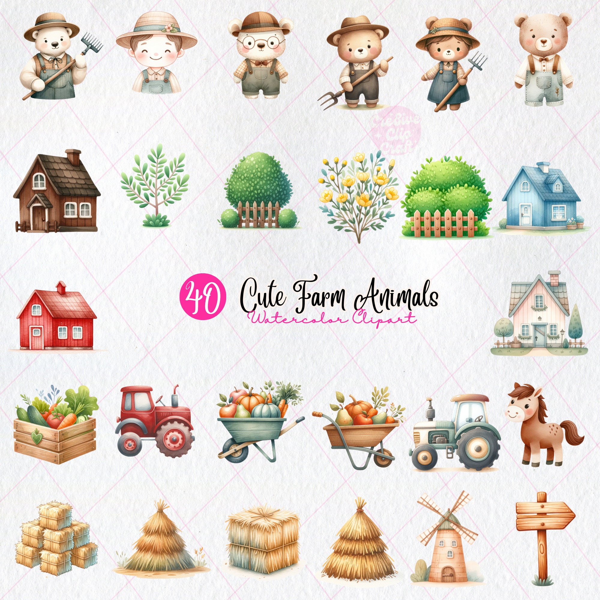 Cute Farm Animals Watercolor Clipart, Farm Friends, Farmer, Farmland ...