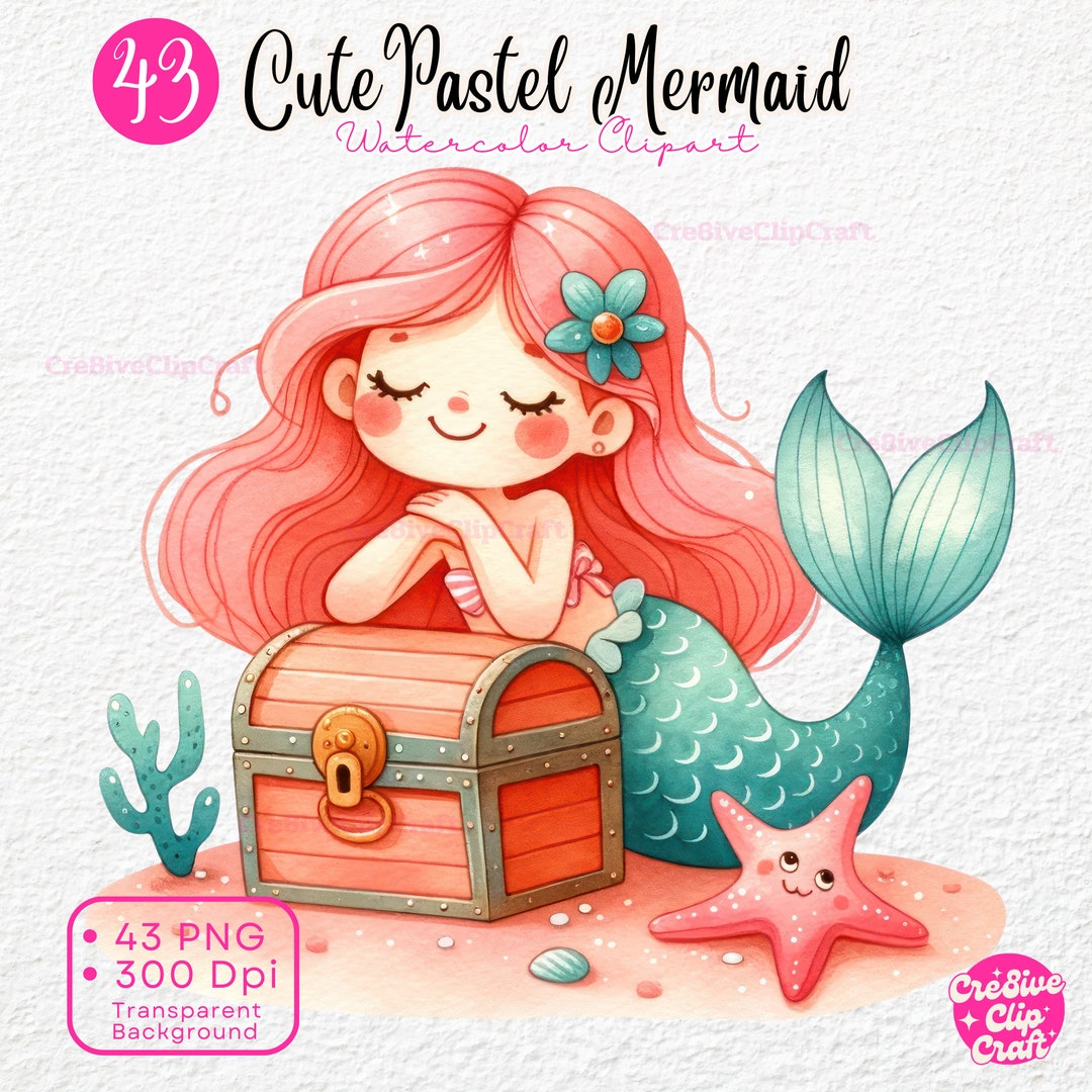 Cute Mermaid Clipart Coral Pastel Mermaid Watercolor Mermaid Clipart ...