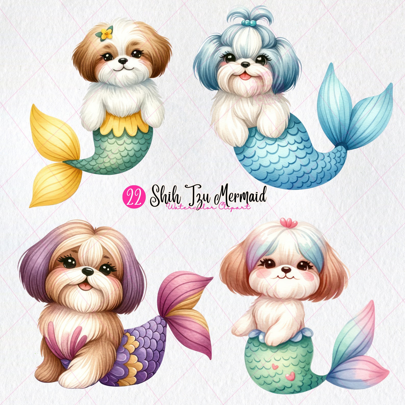 Shih Tzu Dog Mermaid Clipart, Dog Mermaid Watercolor Clipart, Puppy ...