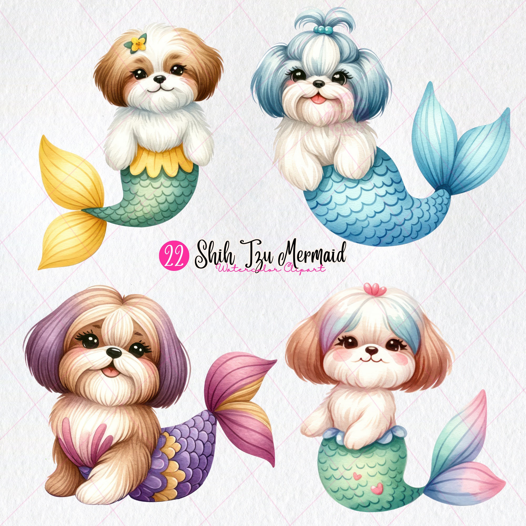 Shih Tzu Dog Mermaid Clipart, Dog Mermaid Watercolor Clipart, Puppy ...
