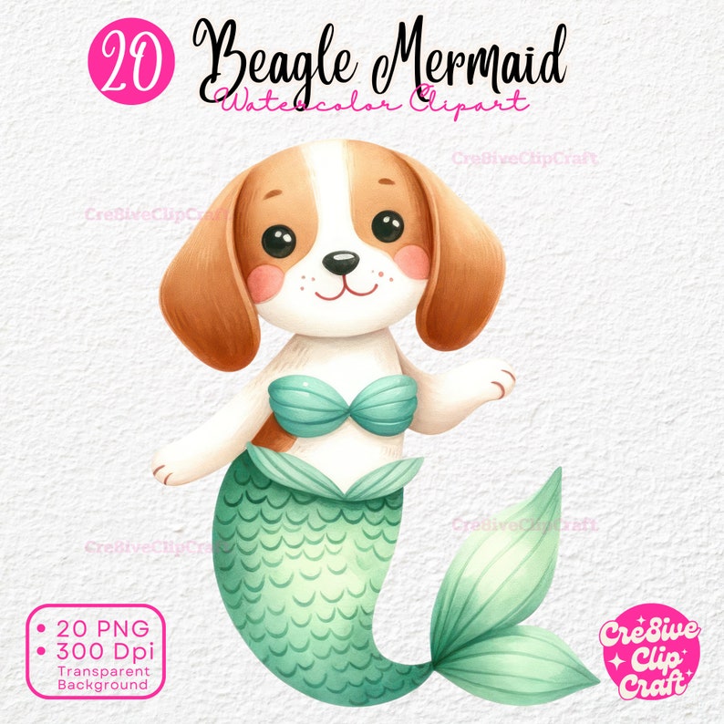 Beagle Mermaid Clipart, Dog Mermaid Watercolor Clipart, Puppy Mermaid ...