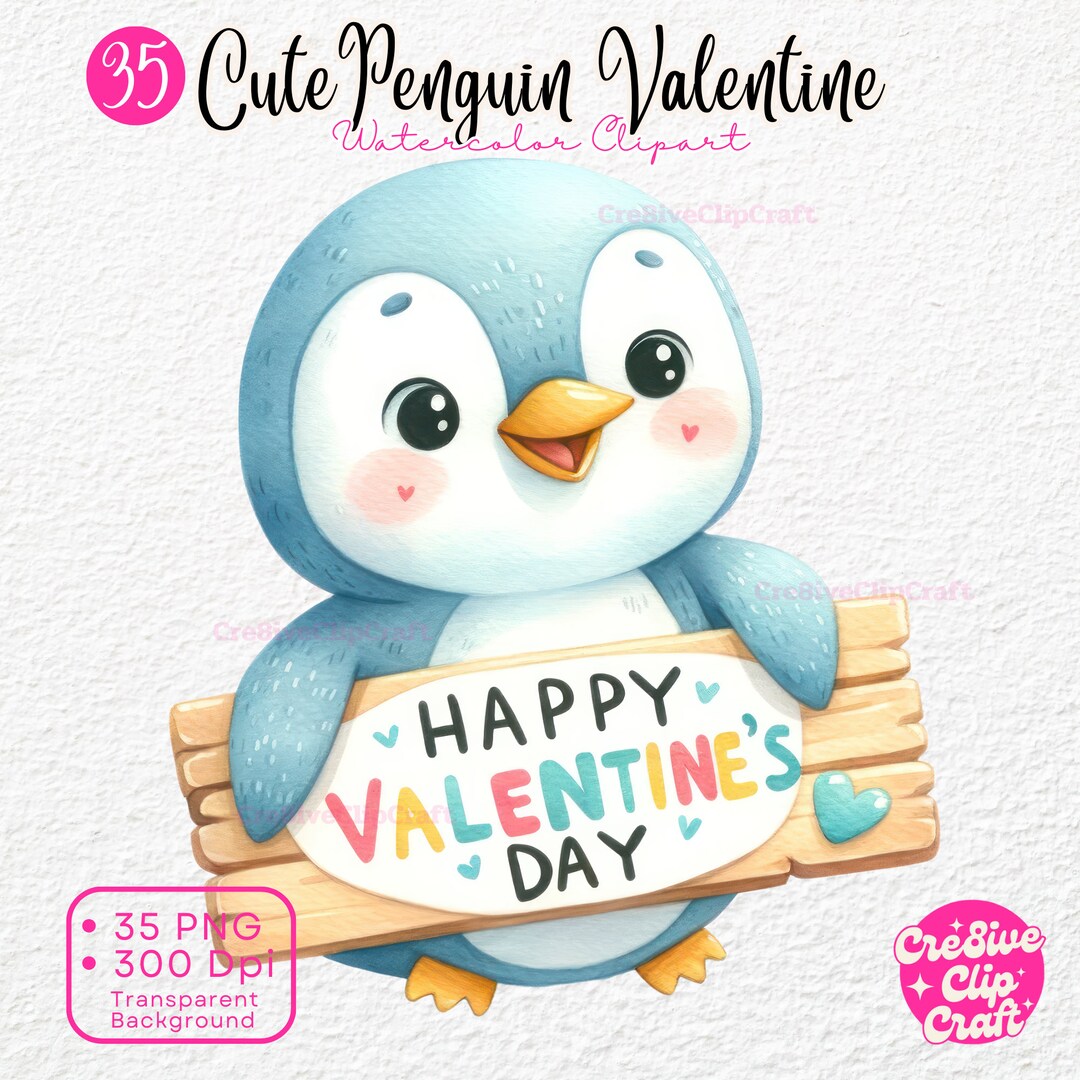 Valentine's Day Clipart, Valentine Cute Penguin Watercolor Clipart ...