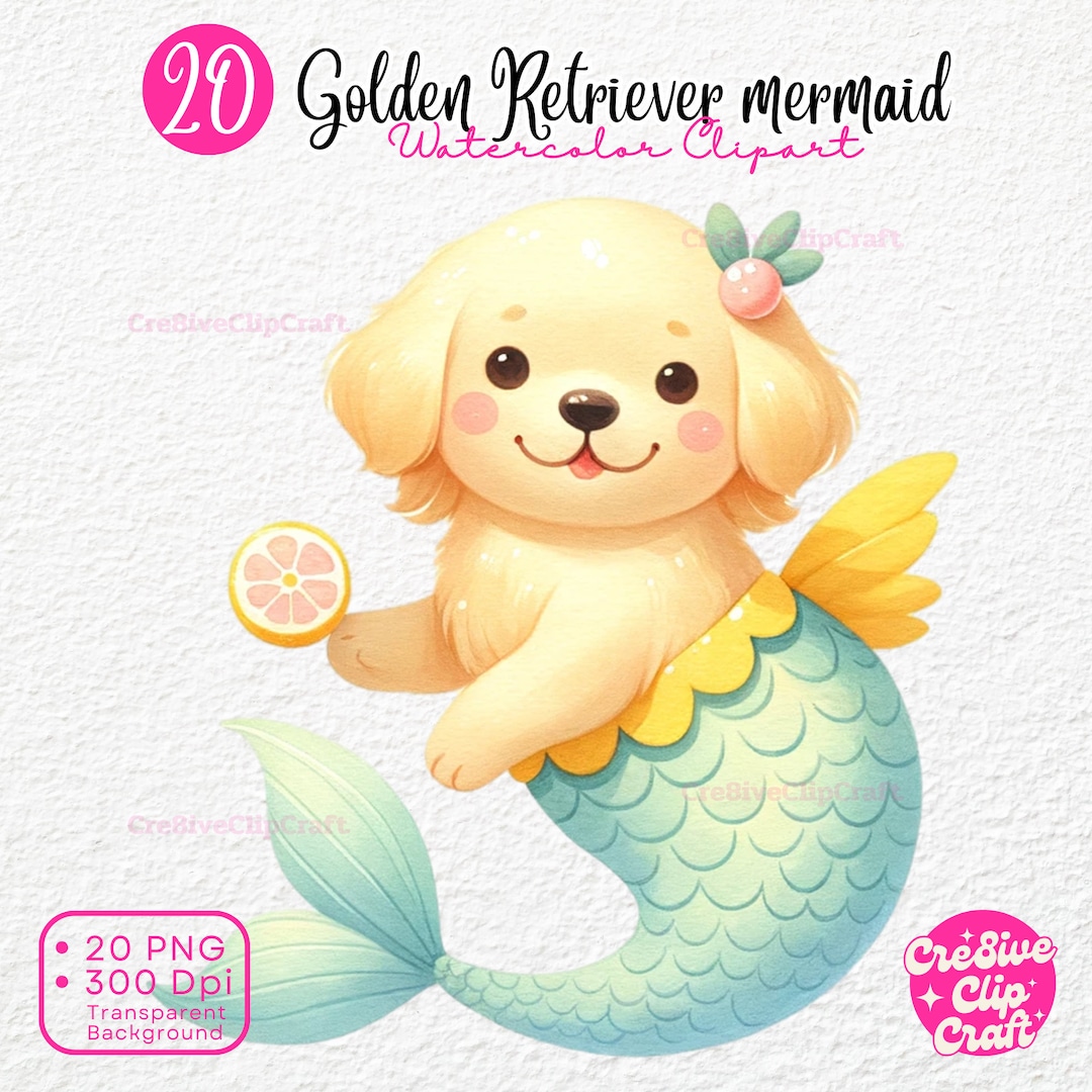 Golden Retriever, Dog Mermaid Watercolor Clipart, Puppy Mermaid Clipart ...