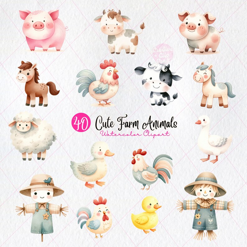 Cute Farm Animals Watercolor Clipart, Farm Friends, Farmer, Farmland ...