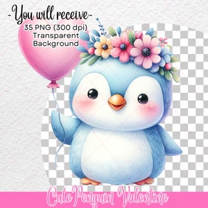 Valentine's Day Clipart, Valentine Cute Penguin Watercolor Clipart ...