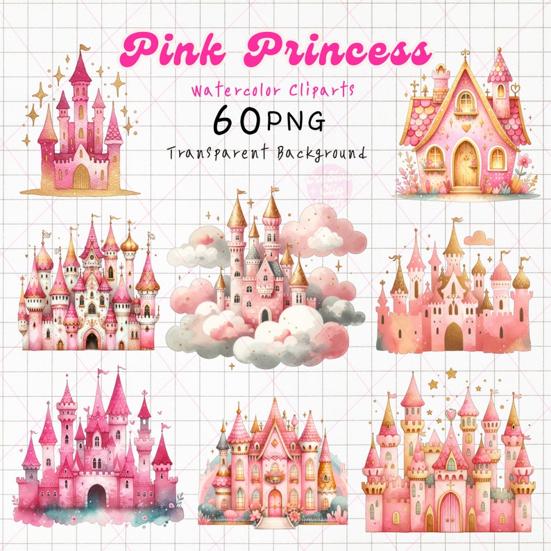 Pink Princess Watercolor Clipart Bundle Cute Princess Carriage Castle ...