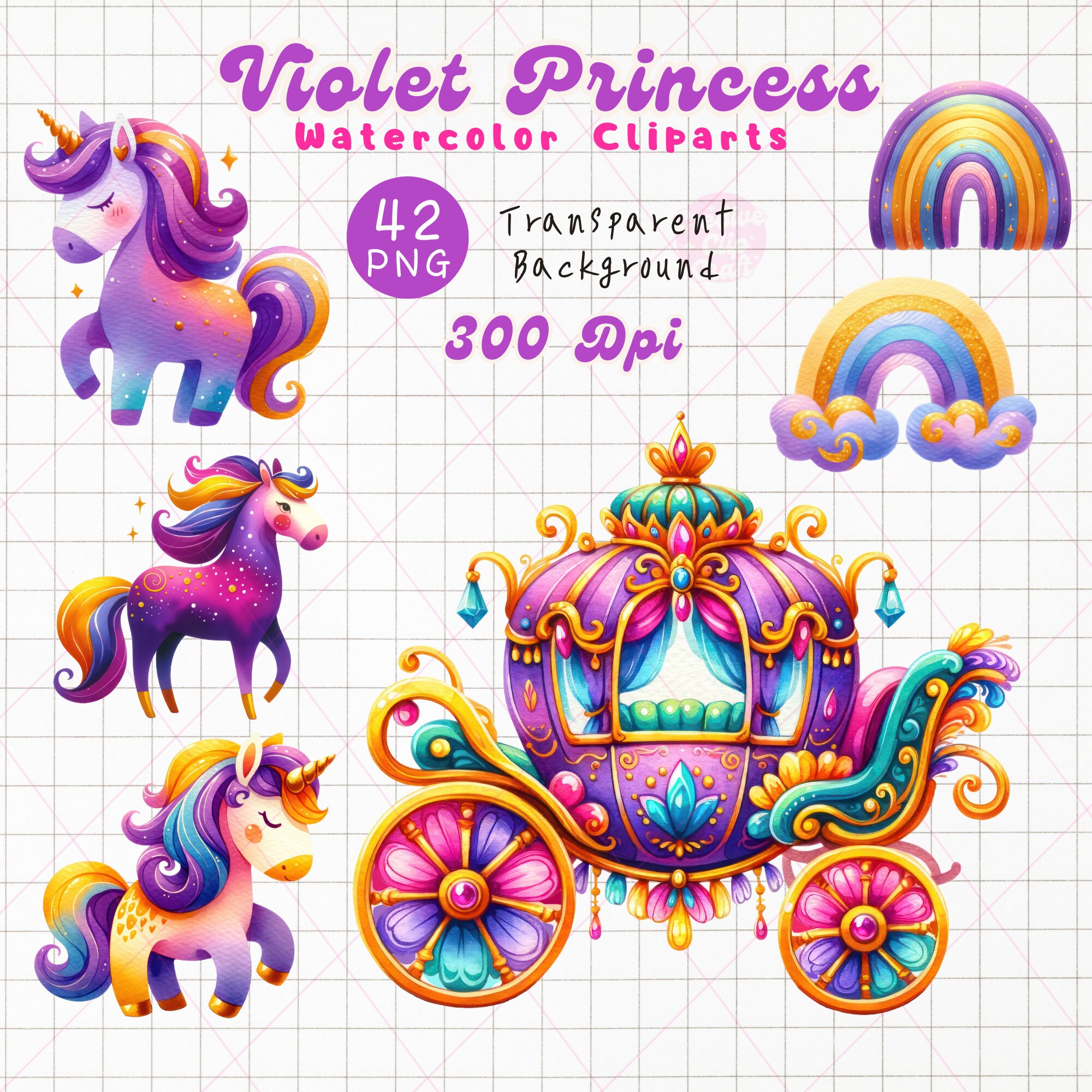 Violet Princess Watercolor Clipart Bundle Cute Princess Carriage Castle ...