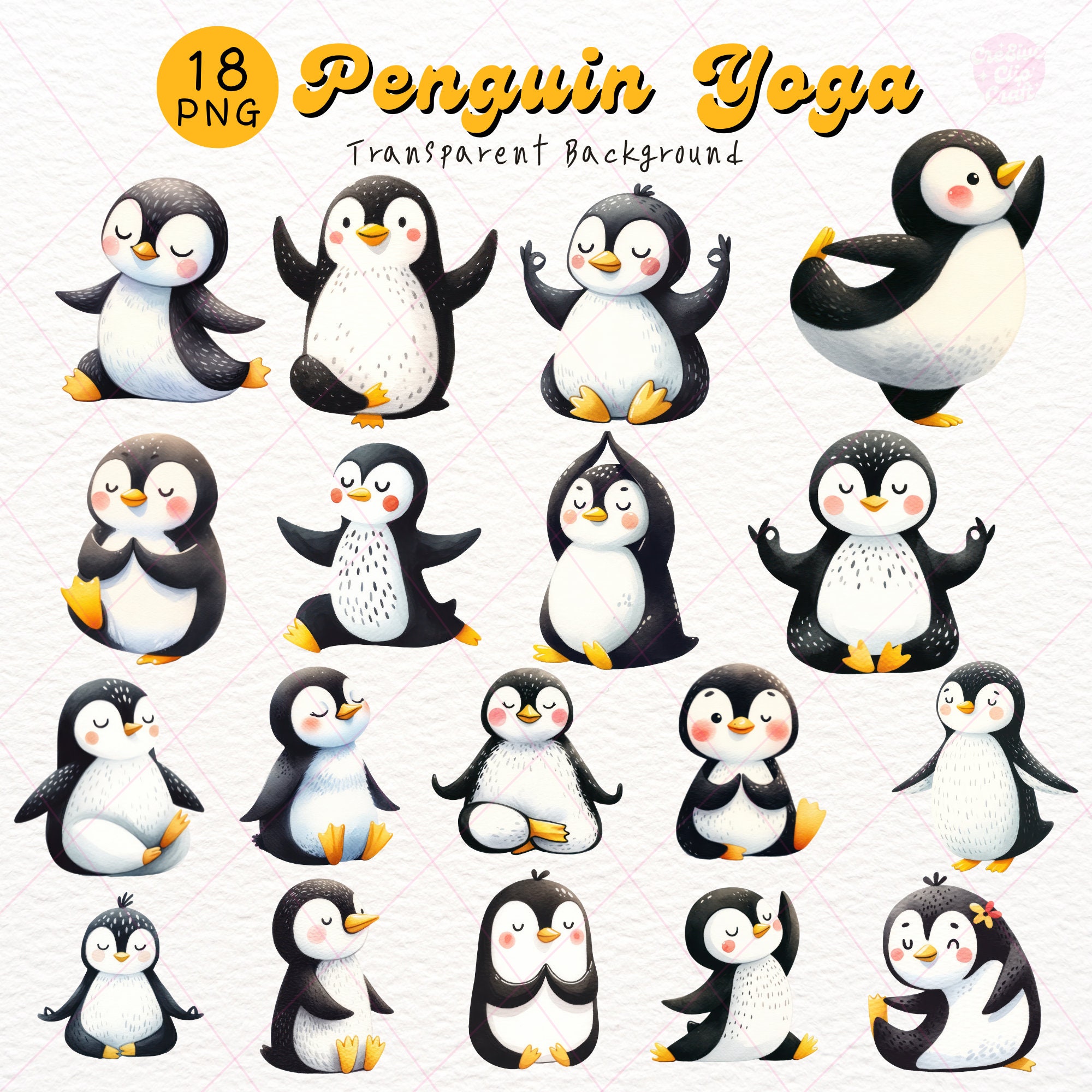 Cute Penguin Yoga Watercolor Clip Art, Yoga Poses, Baby Penguin Bundle ...