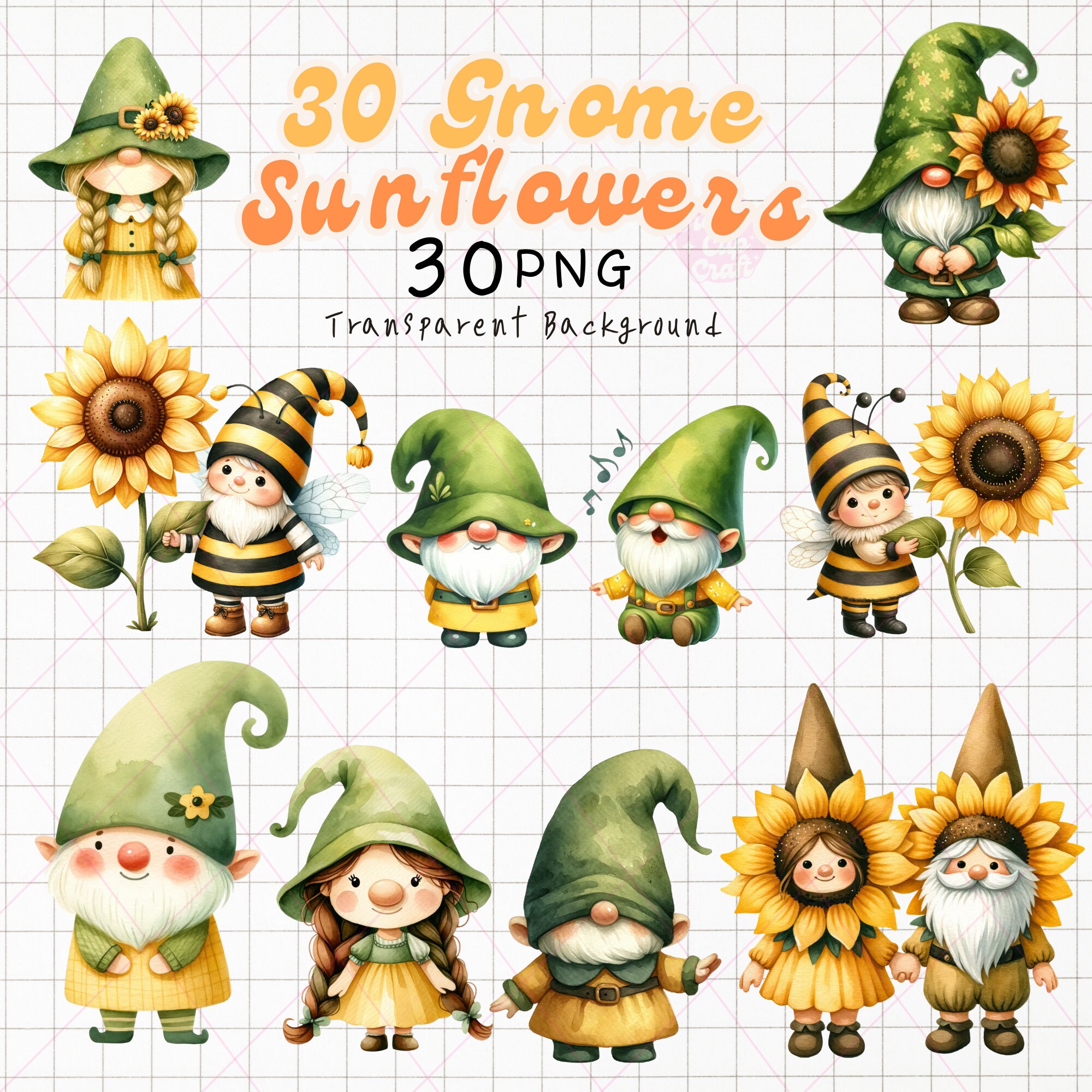 Gnome Sunflowers Watercolor Clipart, Garden Clipart, Gardening Gnome ...