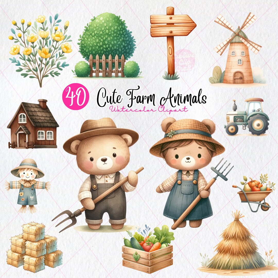 Cute Farm Animals Watercolor Clipart, Farm Friends, Farmer, Farmland ...