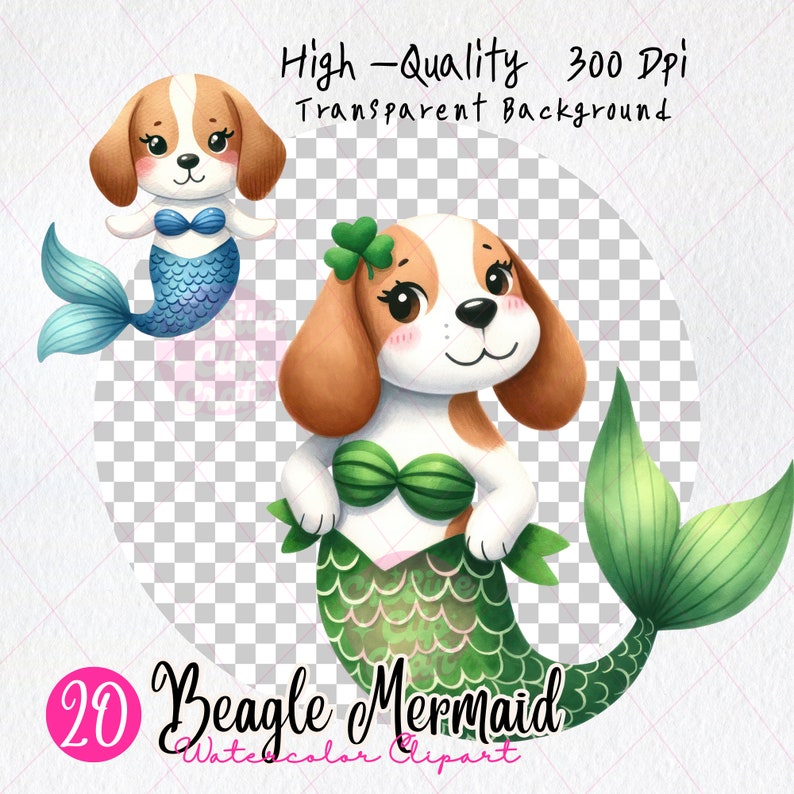 Beagle Mermaid Clipart, Dog Mermaid Watercolor Clipart, Puppy Mermaid ...