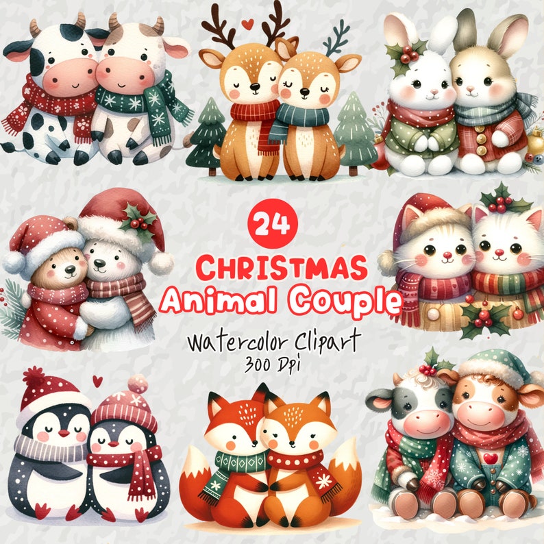 Watercolor Christmas Animal Couple Love Christmas Woodland Romantic ...