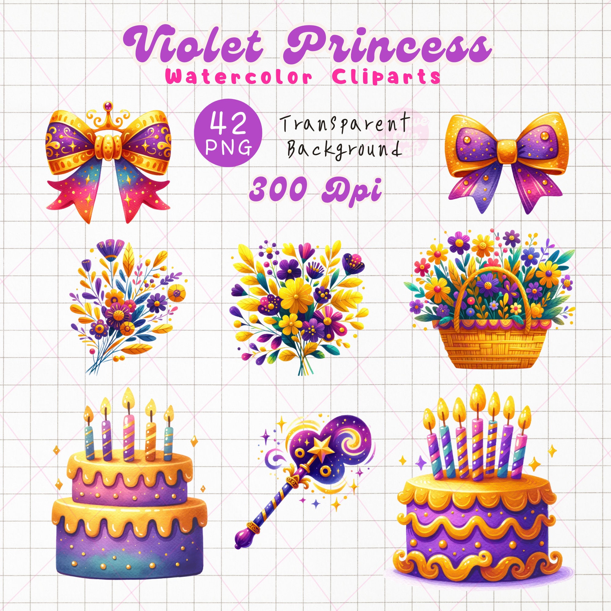 Violet Princess Watercolor Clipart Bundle Cute Princess Carriage Castle ...
