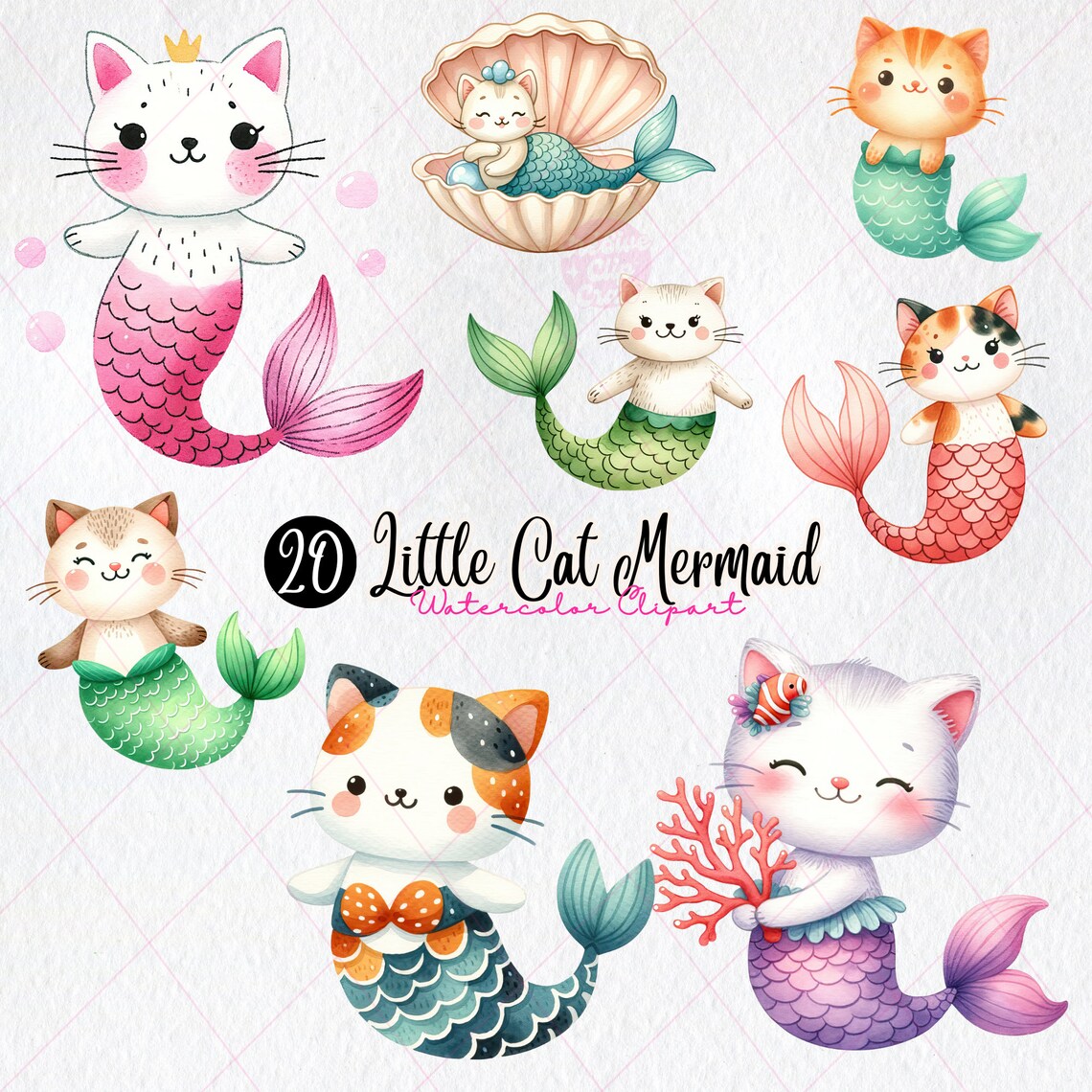 Little Cat Mermaid Watercolor Clipart, Meowmaid Clipart, Mermaid Kitty ...
