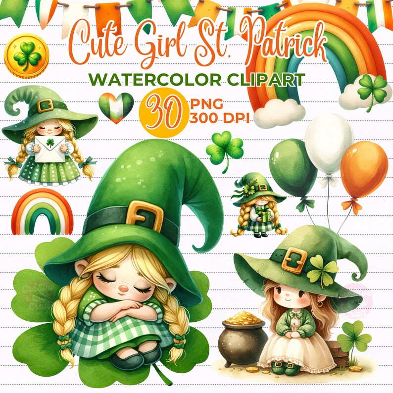 Watercolor St Patrick's Day Clipart, Lucky Girl, Cute Shamrock ...