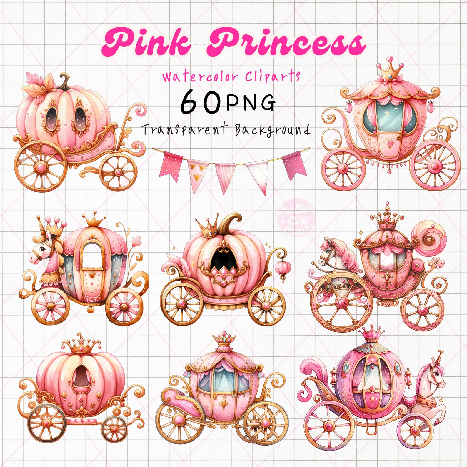Pink Princess Watercolor Clipart Bundle Cute Princess Carriage Castle ...