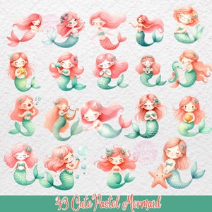 Cute Mermaid Clipart Coral Pastel Mermaid Watercolor Mermaid Clipart ...