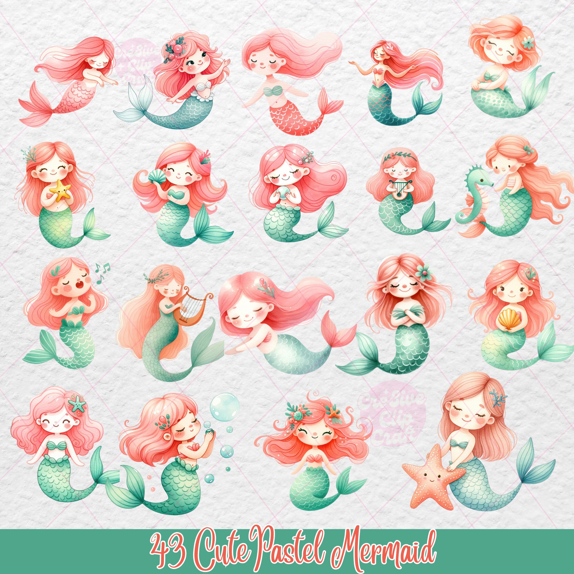 Cute Mermaid Clipart Coral Pastel Mermaid Watercolor Mermaid Clipart ...