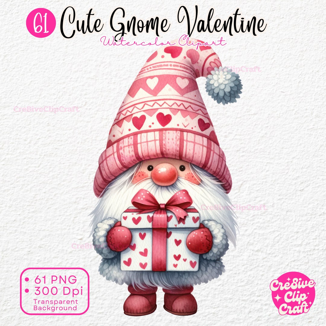 Valentine Gnome Watercolor Clipart, Valentine's Day Clipart, Cute Gnome ...