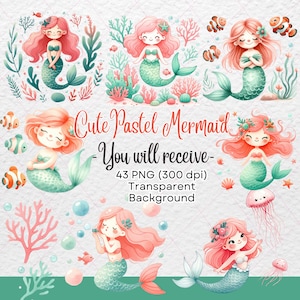 Cute Mermaid Clipart Coral Pastel Mermaid Watercolor Mermaid Clipart ...