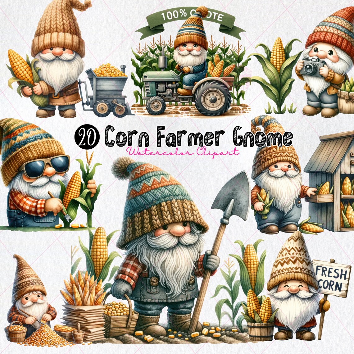 Corn Farmer Gnome Watercolor Clipart, Corn Farmer, Spring Gnome Clipart ...