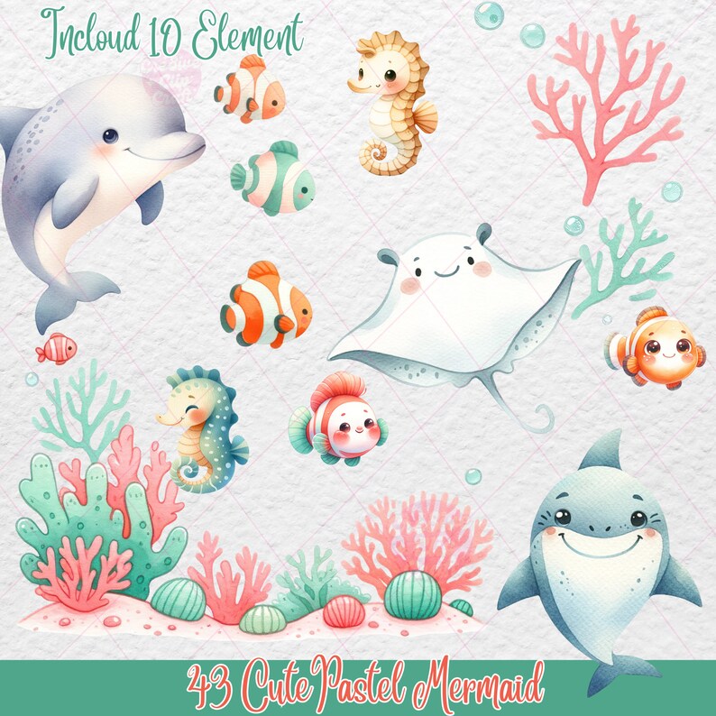 Cute Mermaid Clipart Coral Pastel Mermaid Watercolor Mermaid Clipart ...