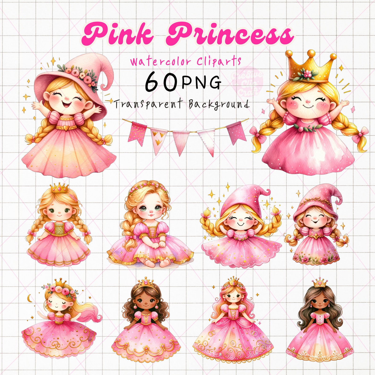 Pink Princess Watercolor Clipart Bundle Cute Princess Carriage Castle ...