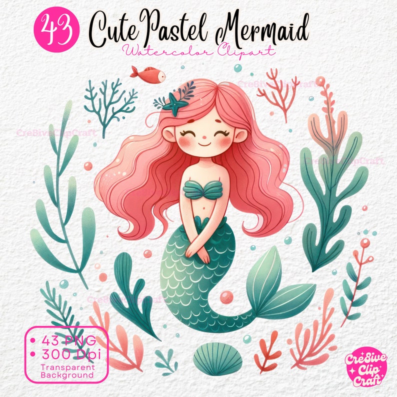 Cute Mermaid Clipart Coral Pastel Mermaid Watercolor Mermaid Clipart ...