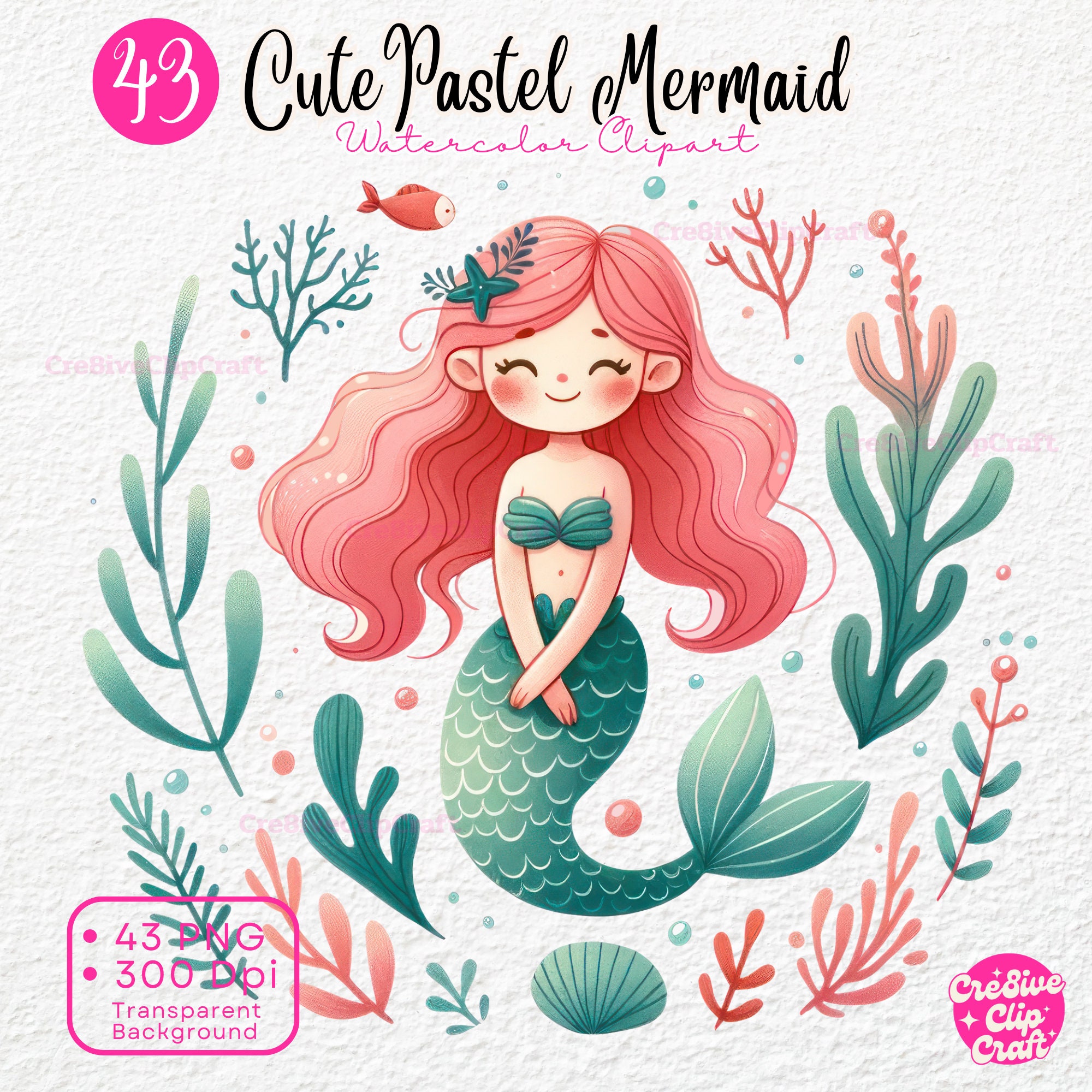 Cute Mermaid Clipart Coral Pastel Mermaid Watercolor Mermaid Clipart ...