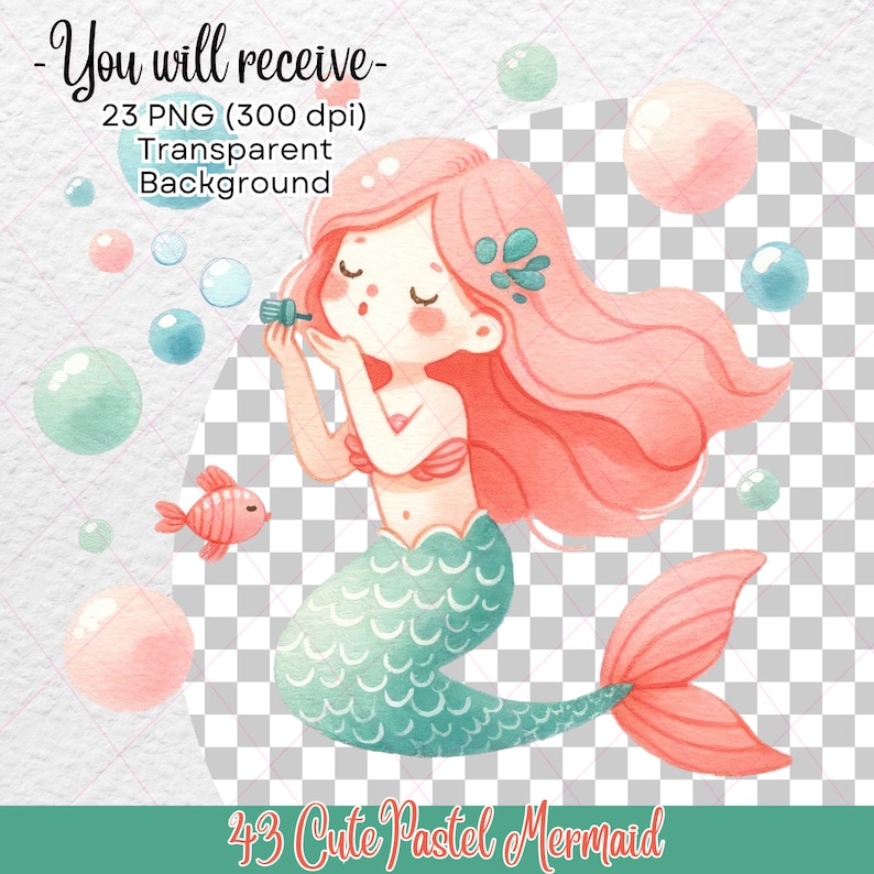Cute Mermaid Clipart Coral Pastel Mermaid Watercolor Mermaid Clipart ...