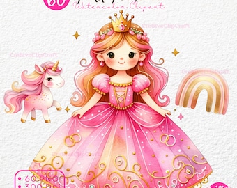 Pink Princess Clipart Watercolor Cute Princess and Knight Carriage ...