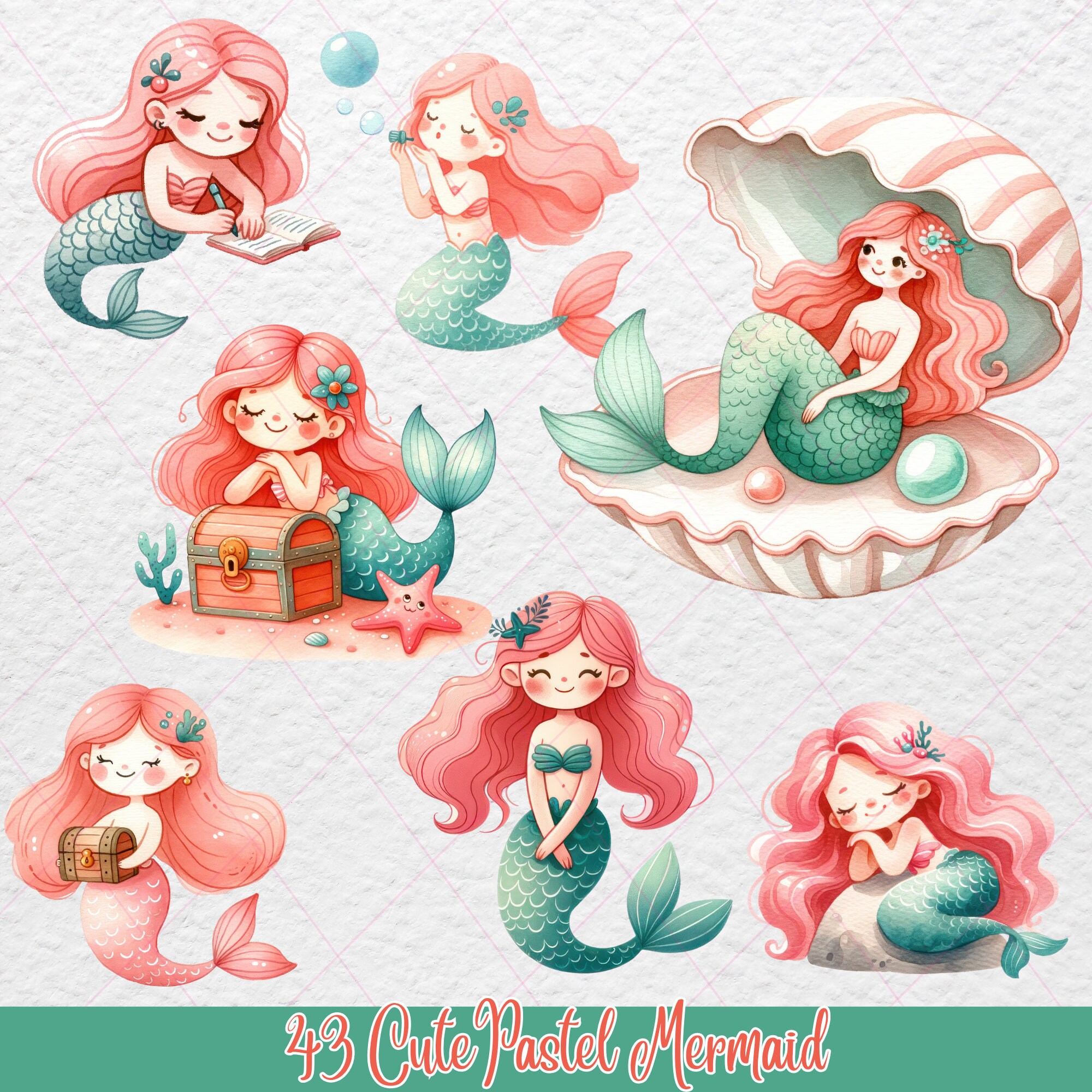 Cute Mermaid Clipart Coral Pastel Mermaid Watercolor Mermaid Clipart ...